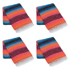 la montana mexican blankets and throws, 4 pack, 74"x50" - made in mexico, lightweight yoga blanket for schools, studios, outdoors, camping, picnic, decor - machine washable, turquoise/coral/orange