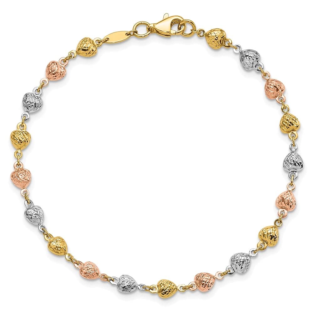 Auriga Fine Jewelry 14K Tri-Color Gold Polished Diamond-Cut Hearts Bracelet 7.5"