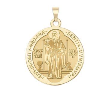 picturesongold.com saint benedict round religious medal exclusive - 14k yellow gold - 3/4 x 3/4 inch