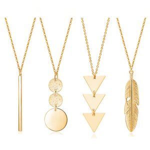 yqziyou 4 pcs long necklaces for women - fashion pendant necklace jewelry, golden bar feather circle leaf lock tassel y necklace jewelry set