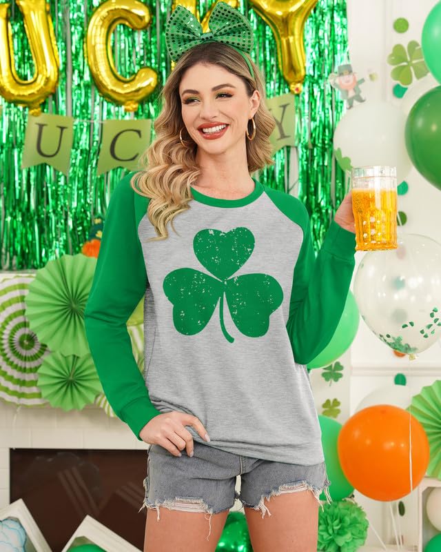 St Patricks Day Womens Loose Fit Novelty Sweatshirt Casual Crewneck Graphic Funny Raglan Shirt Clover L