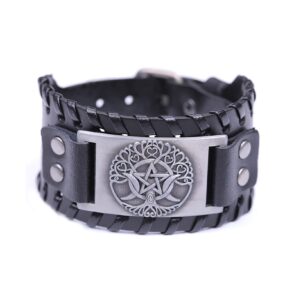 sipuris viking bracelet for men tree of life nordic vintage leather cuff wristband triple moon bracelets wicca pentagram amulet pagan jewelry for women (black leather1)