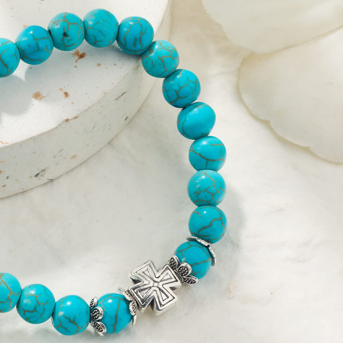 LETAJOY Turquoise Bracelet for Women,Healing Crystal Stone Stretch Round Bead Bracelets for Women Men Jewelry (Crosses)