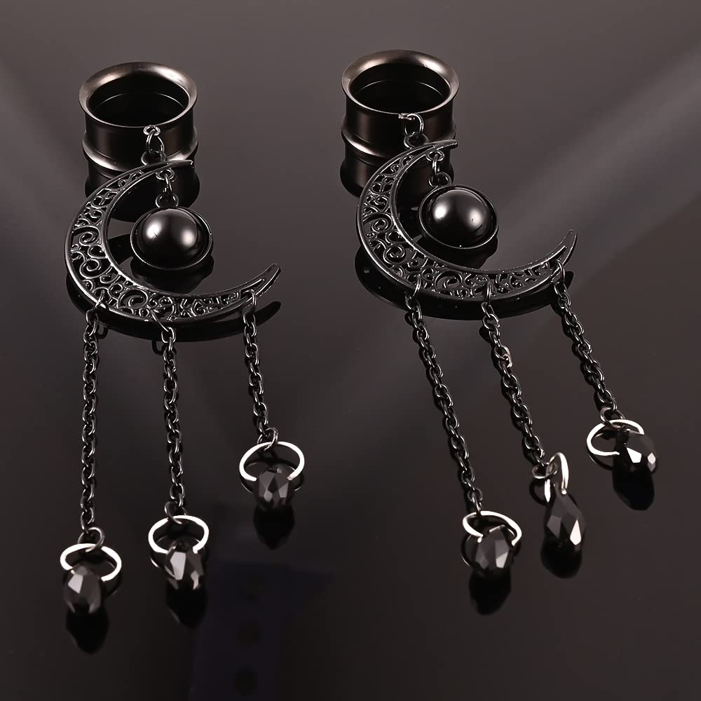 Maxbott 2PCS Fashion Black Chain Moon Earrings Plugs Tunnels Stainless Steel Pendant Ear Gauges Body Piercing Jewelry (14mm(9/16"), Black)