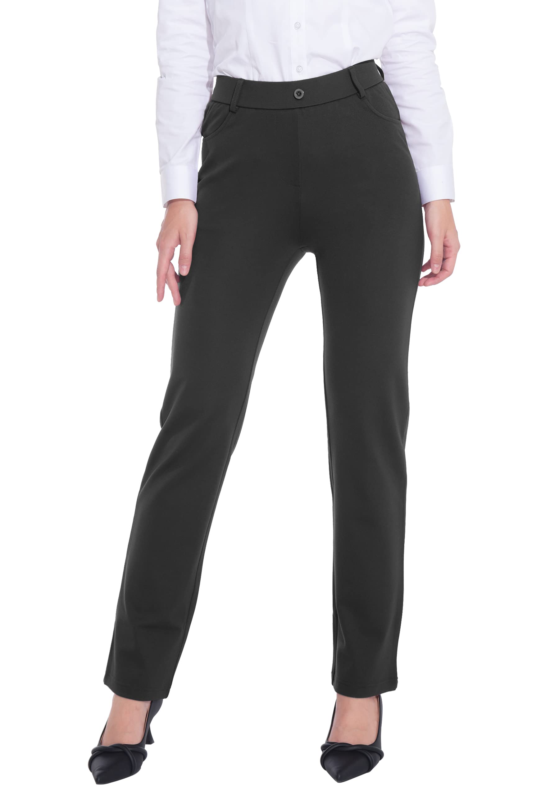 ZTN Women's Yoga Dress Pants Pull On Straight Leg Slacks with Belt Loops Dressy Casual M Dark Grey