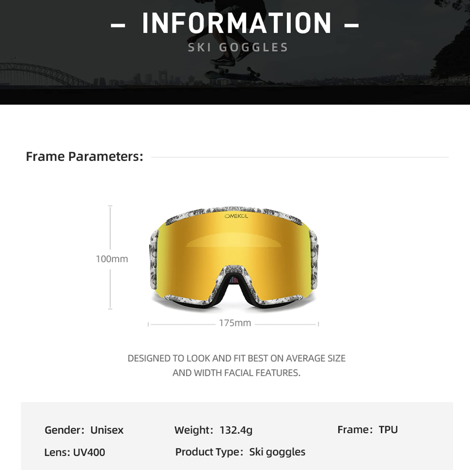 OMEKOL Double Layers Anti-Fog Ski Goggles OTG For Men Women Snow Snowboard Glasses Mask Snowmobile Outdoor Sport Eyewear (G3)