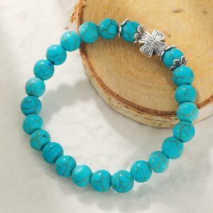 LETAJOY Turquoise Bracelet for Women,Healing Crystal Stone Stretch Round Bead Bracelets for Women Men Jewelry (Crosses)