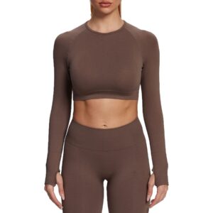 aoxjox long sleeve crop tops for women vital new workout seamless crop t shirt top (vital new fudge coffee, x-large)