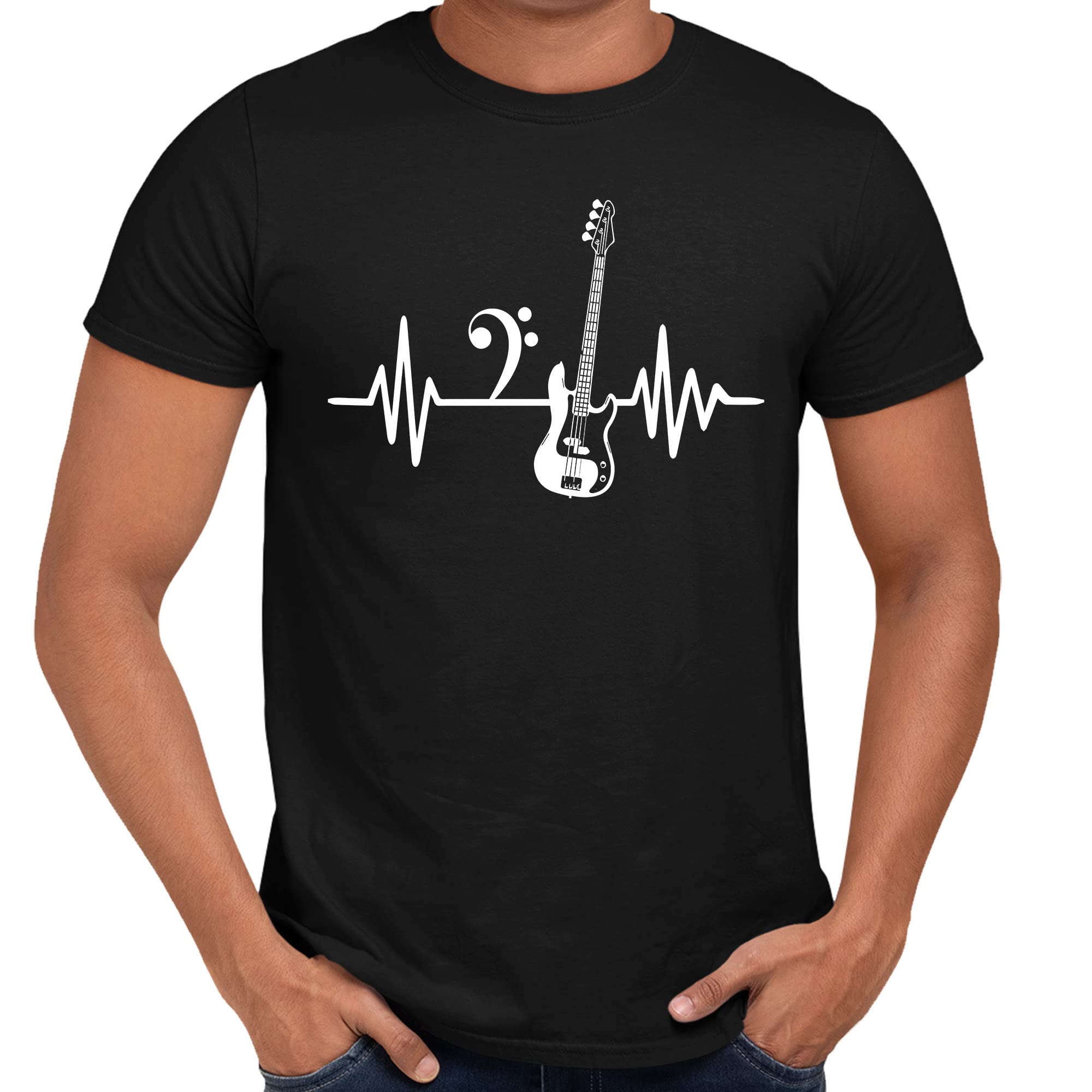 Bass Players Tshirt Funny Bass Guitar Heartbeat Bass Clef Music Gift T-Shirt for Men Women(Black - XL)