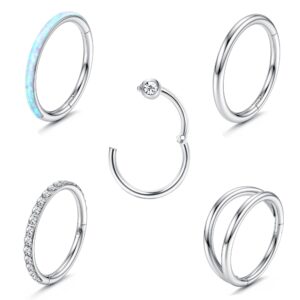 thunaraz 18g 16g surgical steel nose rings for women cz opal septum hinged clicker segment lip rings helix cartilage hoop earring rook daith seamless body piercing rings 8mm 10mm