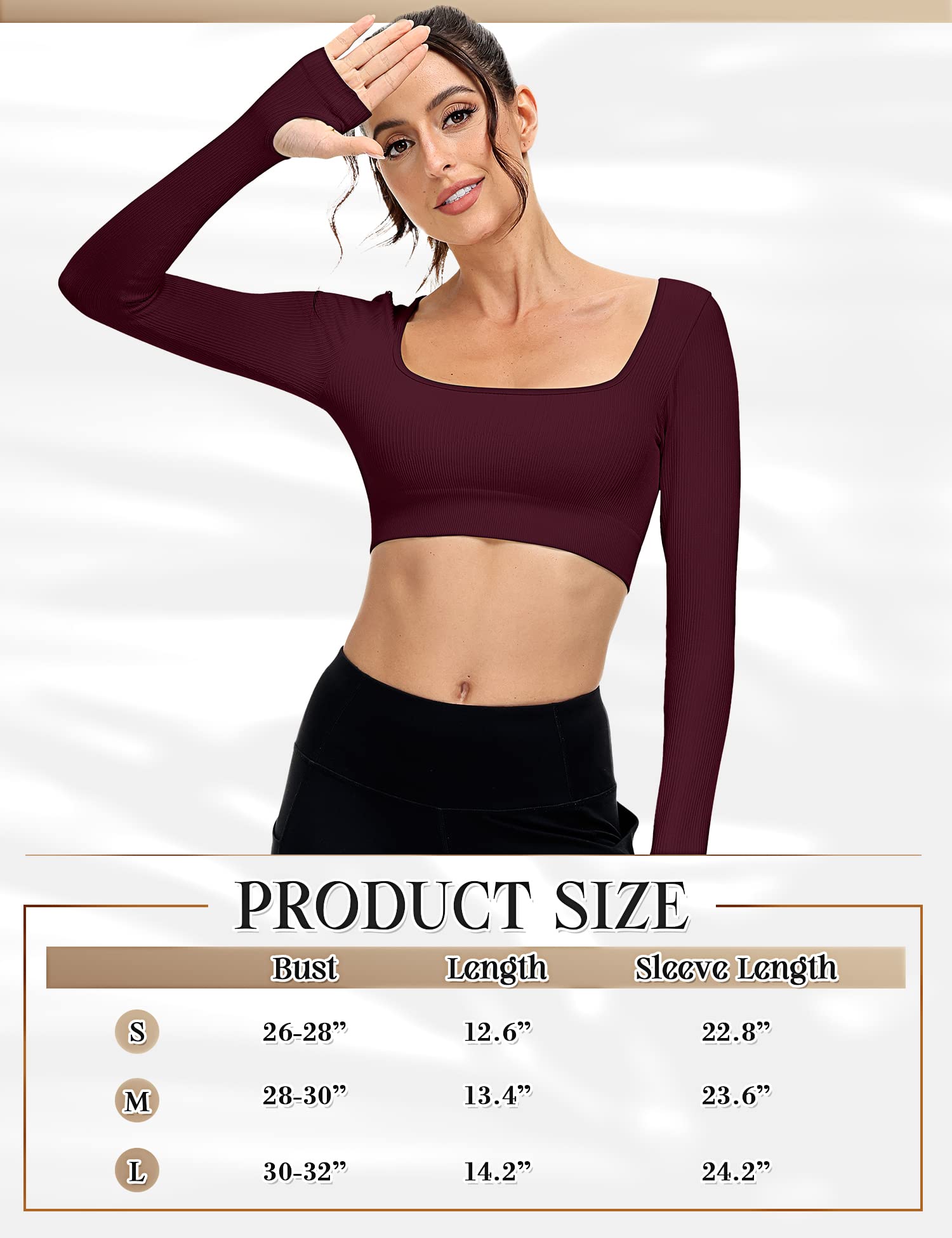 3 Pack Ribbed Seamless Long Sleeve Crop Tops Square Neck Cropped Top Set for Women Workout Gym Yoga (Black, Reddish Brown, Beige, Large)