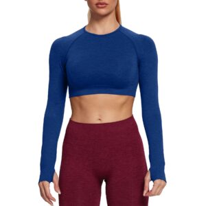 aoxjox long sleeve crop tops for women vital new workout seamless crop t shirt top (vital new navy, medium)