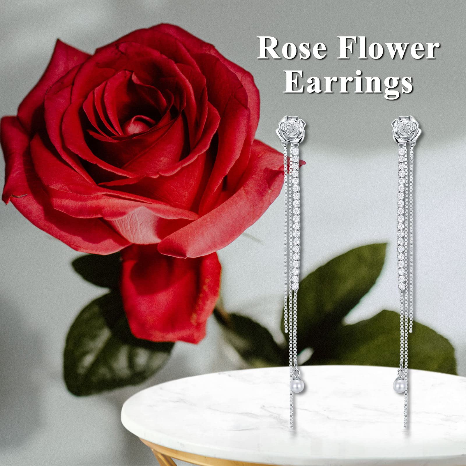 POPKIMI Rose Flower Earrings 925 Sterling Silver Dangle Drop Hook Earrings Birthday Gifts for Women Women Earrings Love Heart Rose Flower Earrings Christmas Birthday Gifts (Silver)