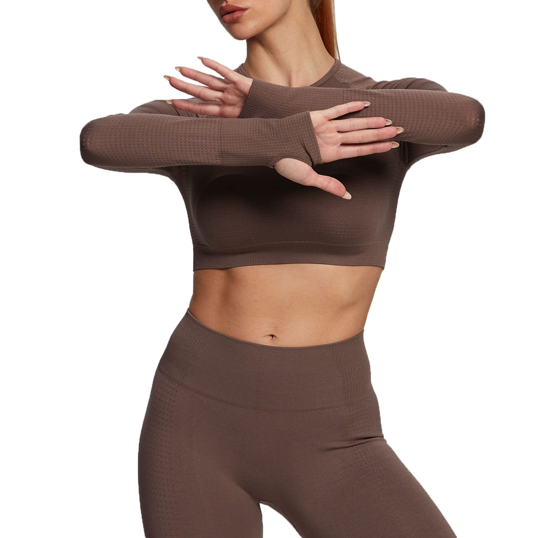 Aoxjox Long Sleeve Crop Tops for Women Vital New Workout Seamless Crop T Shirt Top (Vital New Fudge Coffee, X-Large)