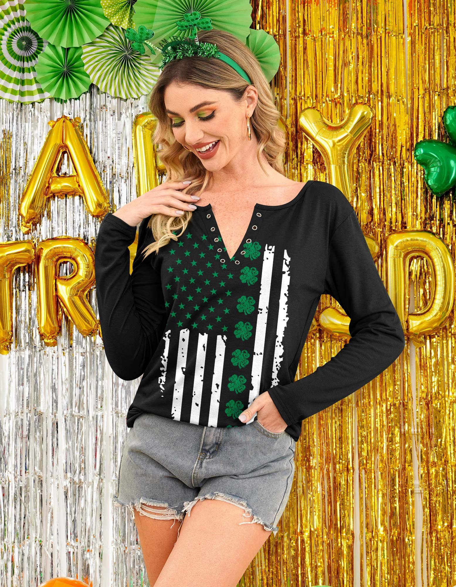 For G and PL St Patricks Day Graphic V-Neck Women's Outfits Casual Four Leaf Pullover Ireland Shirt Shamrock Flag M