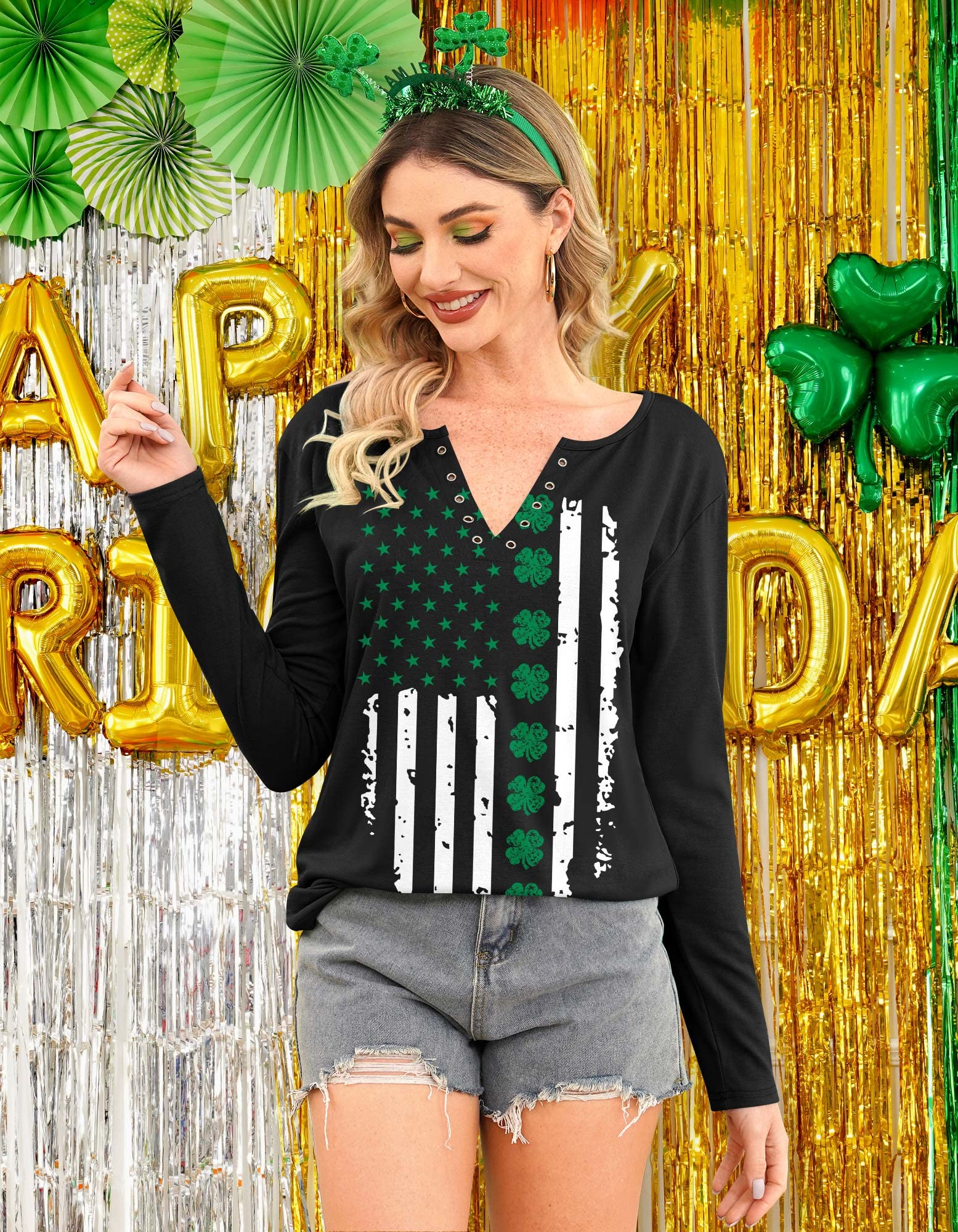 For G and PL St Patricks Day Graphic V-Neck Women's Outfits Casual Four Leaf Pullover Ireland Shirt Shamrock Flag M