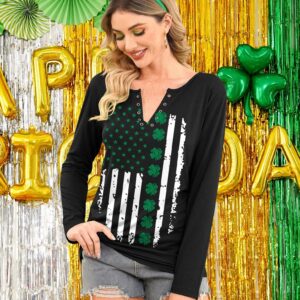 For G and PL St Patricks Day Graphic V-Neck Women's Outfits Casual Four Leaf Pullover Ireland Shirt Shamrock Flag M