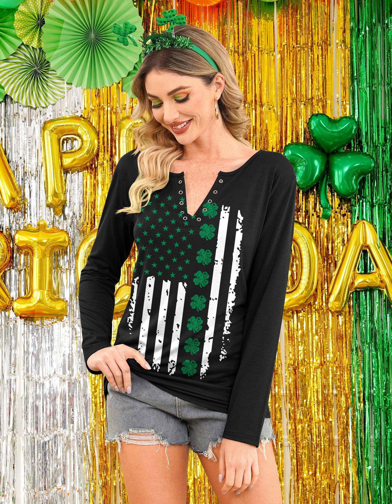 For G and PL St Patricks Day Graphic V-Neck Women's Outfits Casual Four Leaf Pullover Ireland Shirt Shamrock Flag M