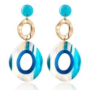 classyzint long acrylic dangle earrings for women round blue swirled acrylic resin drop gold plated dangle earrings boho earrings beach jewelry