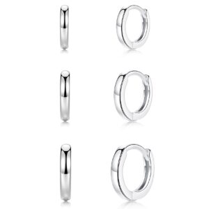 small cartilage hoop earrings for women men, 3 pairs hypoallergenic sterling silver post huggie earrings, 8/10/12mm, silver