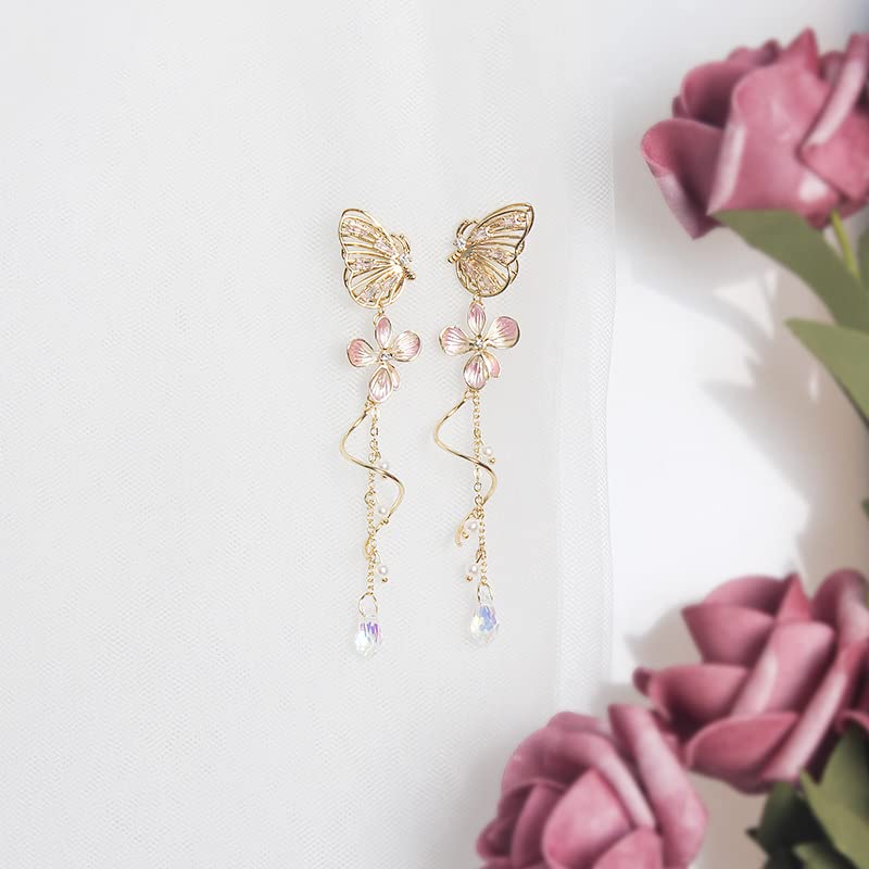 Pink Flower Sakura Leaf Earrings Fairy Sakura Flower Cat Statement Earrings Dainty Flower and Cat Earrings For Women(Butterflies and Flowers)