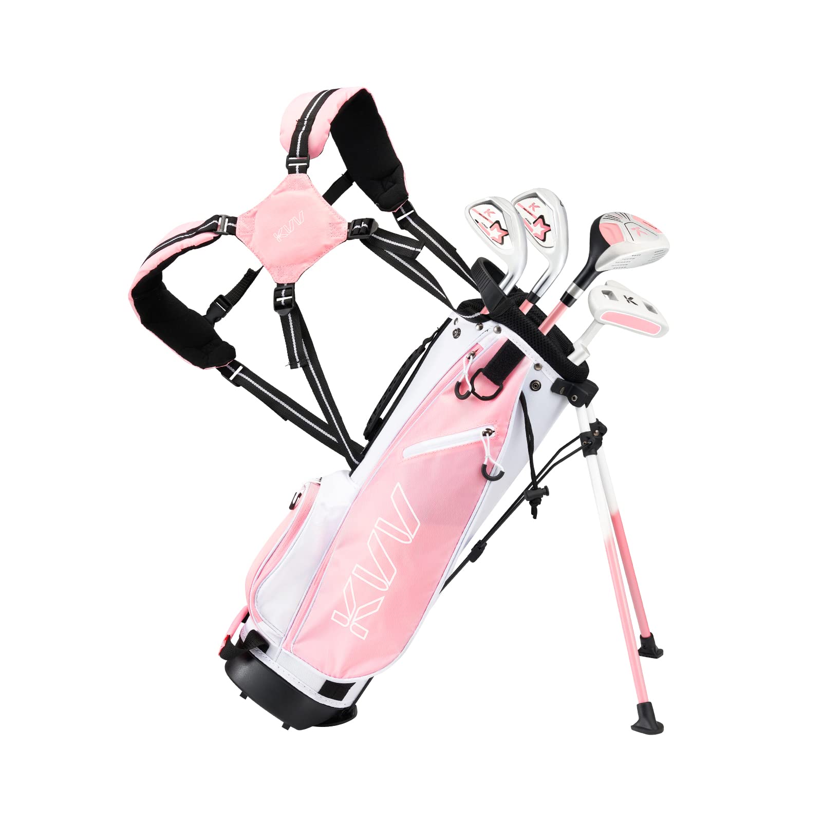 KVV Junior Complete Golf Club Set for Kids/Children Right Hand, 5-7 Years Old 4-Piece Set Includes 4# Hybrid, 7# & 9# Irons, Putter, Head Cover and Portable Golf Stand Bag(Pink 5-7)