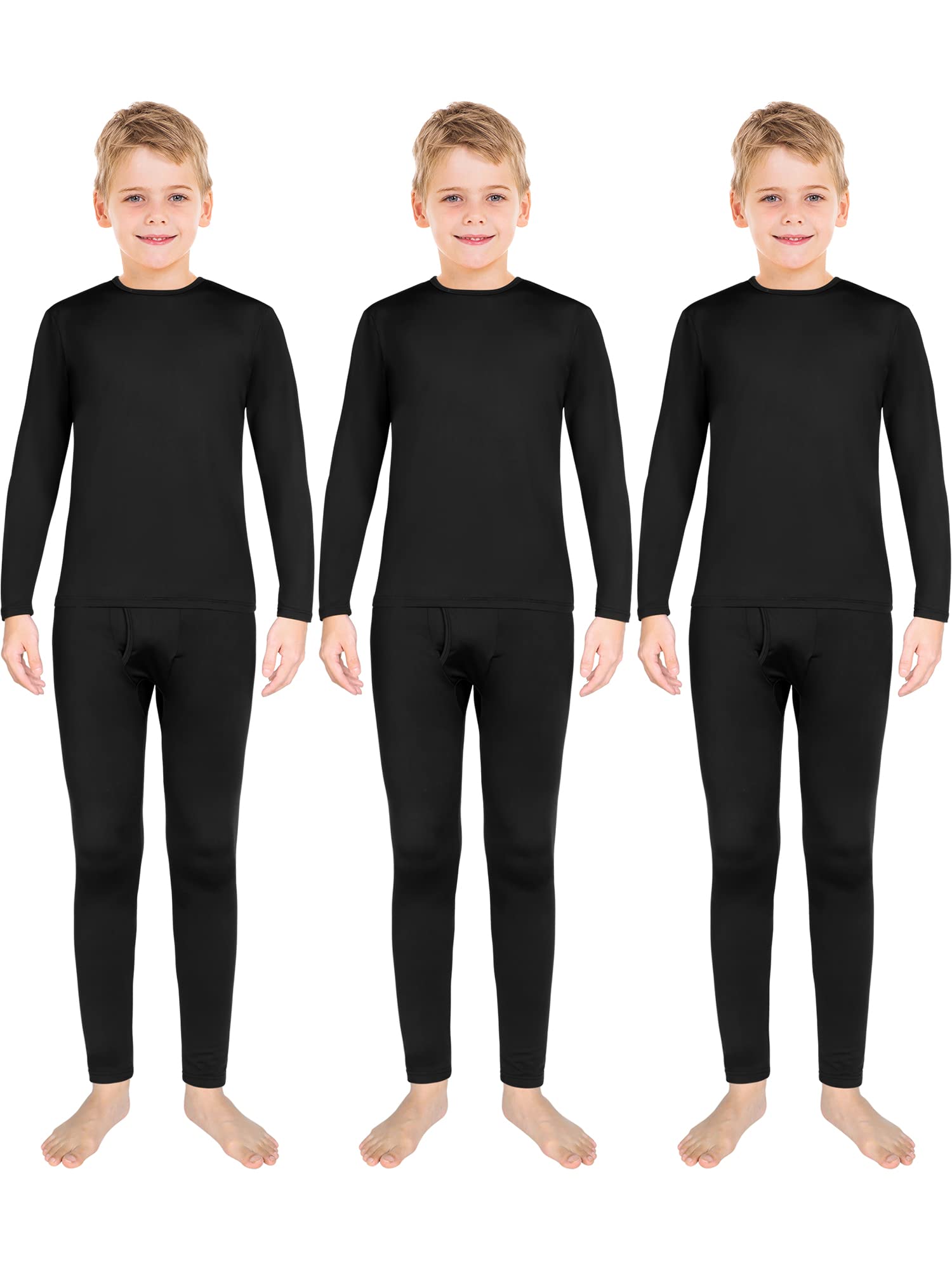 Silkfly 3 Set Boys Thermal Underwear Set Base Layer Fleece Lined Long Underwear for Kids Shirt and Pants Set for Boys Winter (Black, Medium)