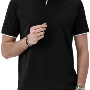 Aiyino Men's Muscle V Neck Polo Shirts Slim Fit Short Sleeve Cotton Golf T-Shirts Ribbed Knit Soft Tees Black-Large