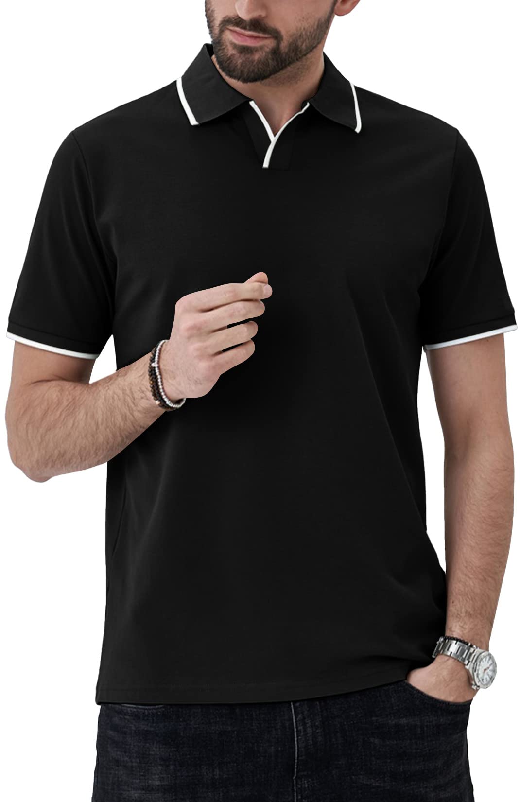 Aiyino Men's Muscle V Neck Polo Shirts Slim Fit Short Sleeve Cotton Golf T-Shirts Ribbed Knit Soft Tees Black-Large