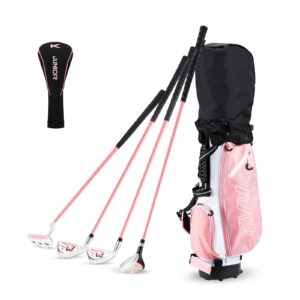 KVV Junior Complete Golf Club Set for Kids/Children Right Hand, 5-7 Years Old 4-Piece Set Includes 4# Hybrid, 7# & 9# Irons, Putter, Head Cover and Portable Golf Stand Bag(Pink 5-7)