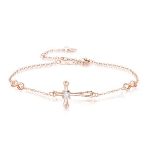 ever faith cz 925 silver infinity charm cross bracelet, rose gold cross adjustable link dainty religious jewelry gift for women