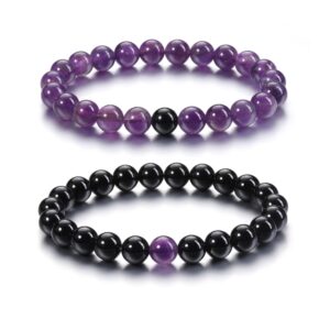 jovivi 2pcs 8mm black obsidian & amethyst healing crystal stone stretch bracelets handmade natural round gemstone beaded energy beads chakra bracelet for women men couples distance gifts