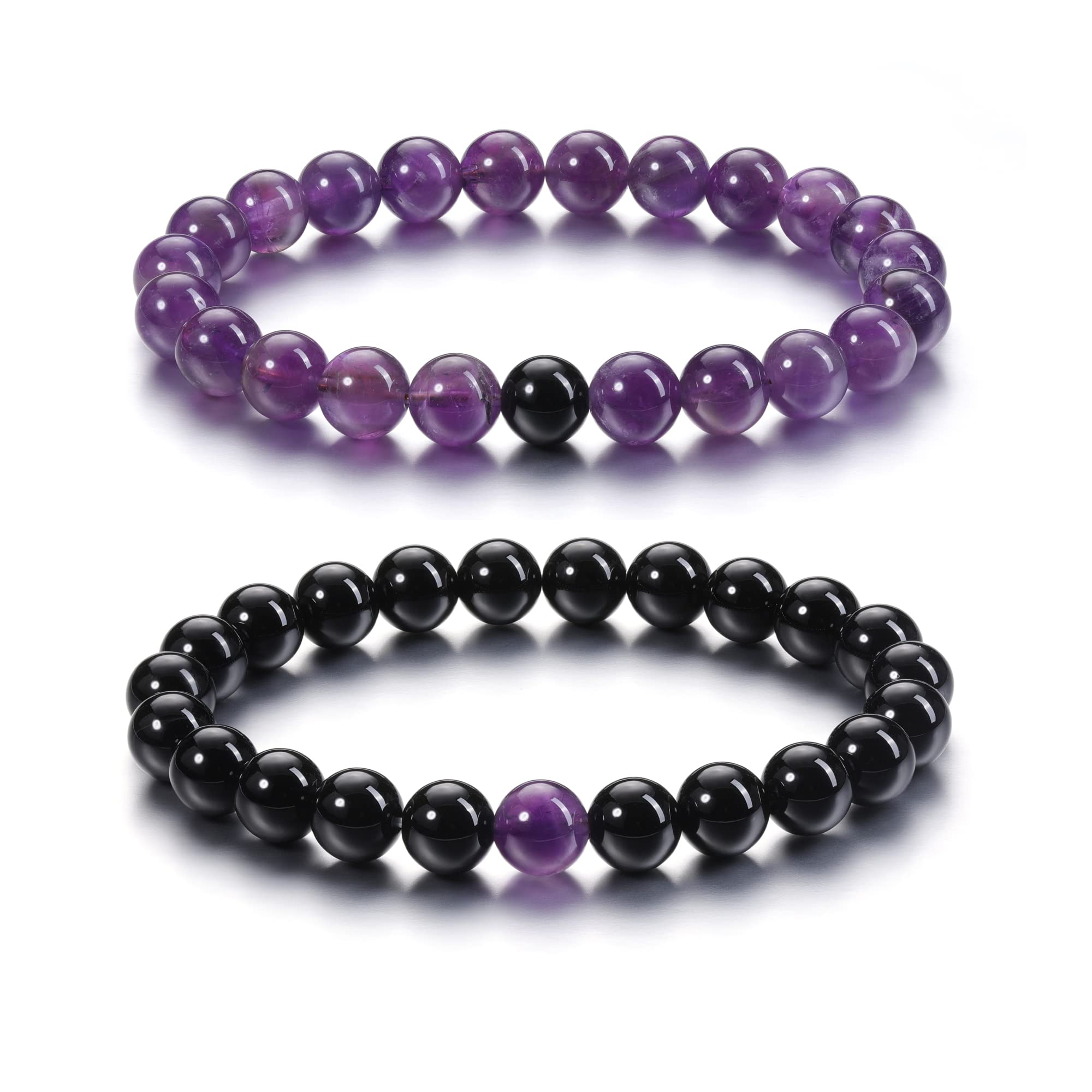 Jovivi 2pcs 8mm Black Obsidian & Amethyst Healing Crystal Stone Stretch Bracelets Handmade Natural Round Gemstone Beaded Energy Beads Chakra Bracelet for Women Men Couples Distance Gifts