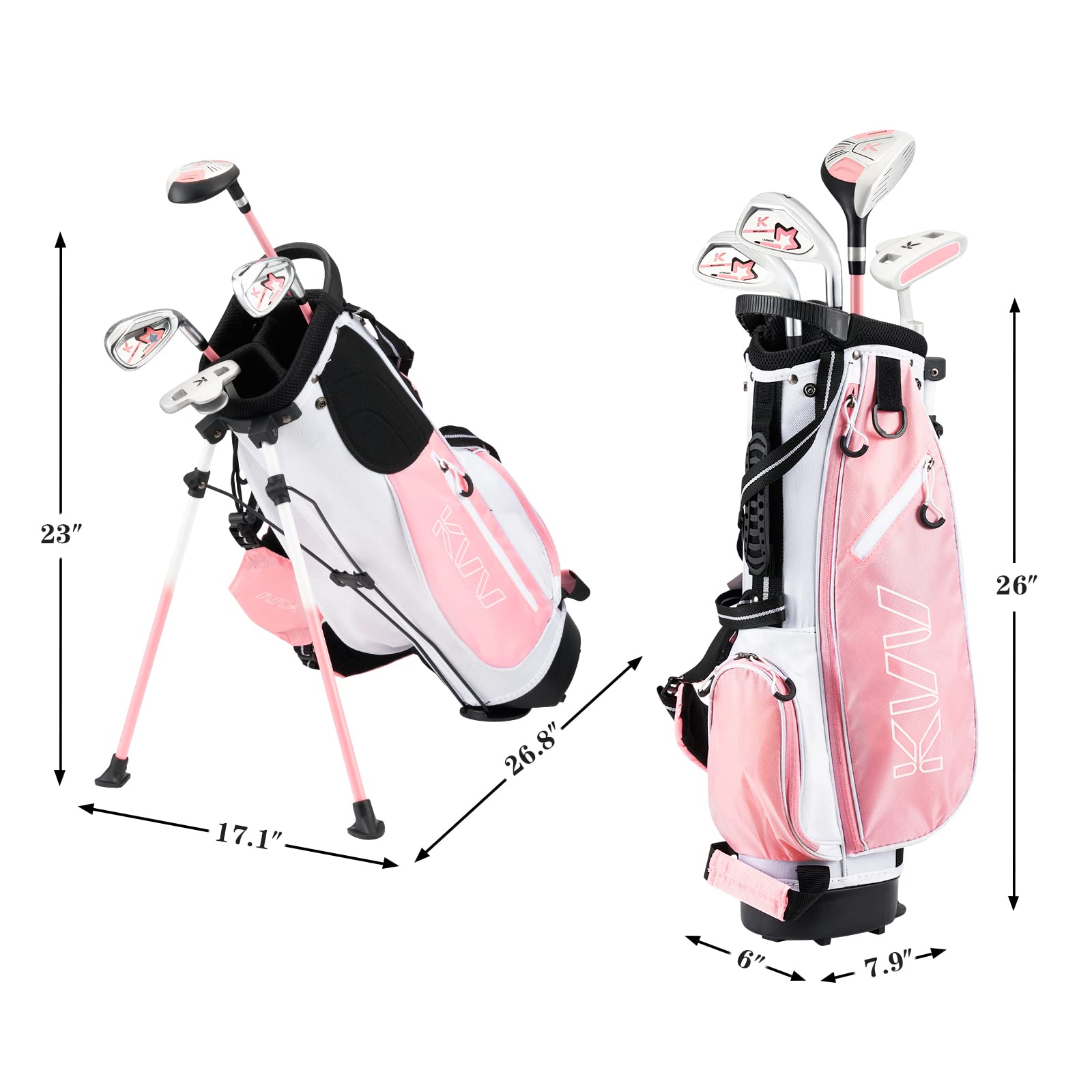 KVV Junior Complete Golf Club Set for Kids/Children Right Hand, 5-7 Years Old 4-Piece Set Includes 4# Hybrid, 7# & 9# Irons, Putter, Head Cover and Portable Golf Stand Bag(Pink 5-7)