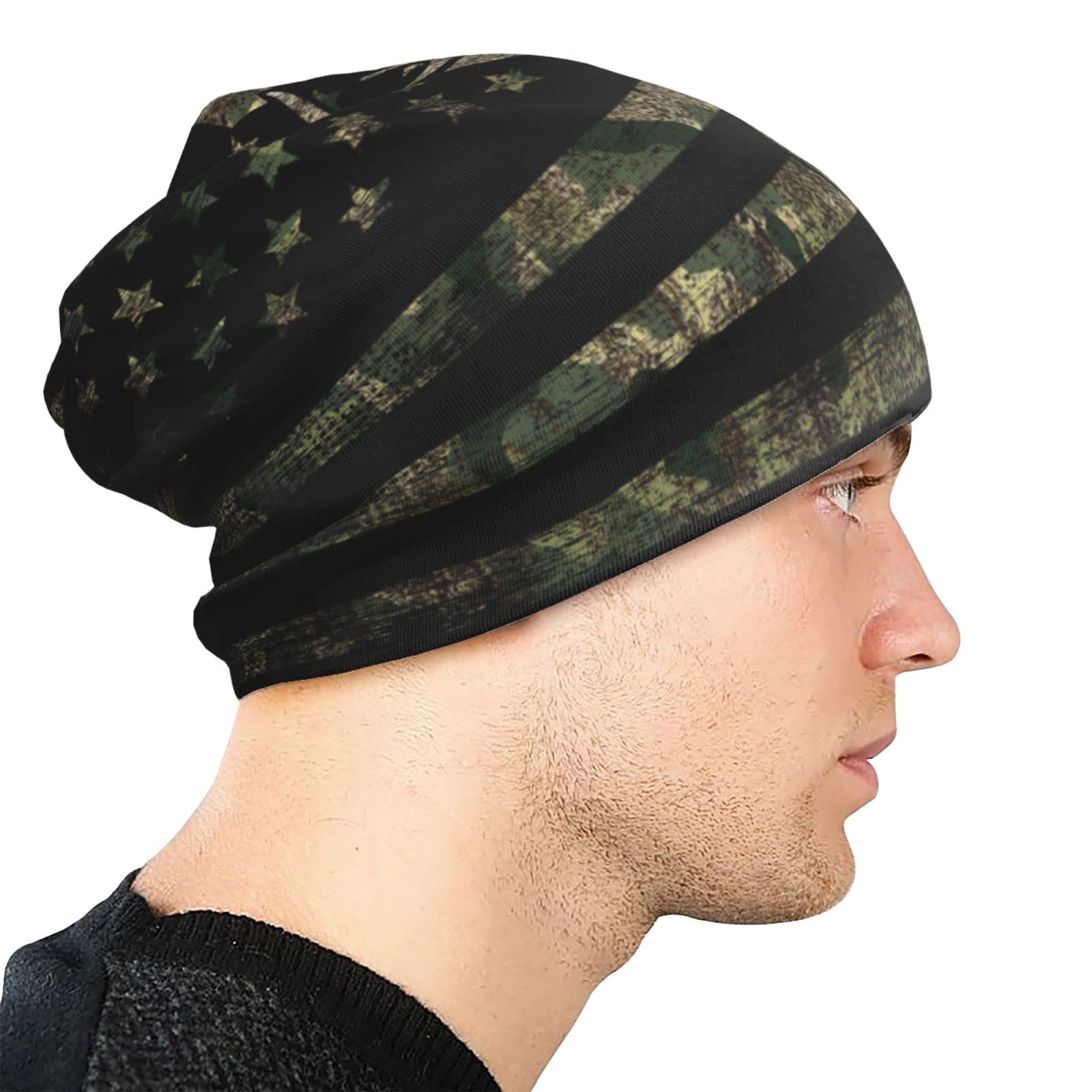 Sigouyinei Camo Camouflage Retro Hunting Tactical Army American Flag Knit Hat Slouchy Skull Cap Beanie Hat for Men Women Gifts