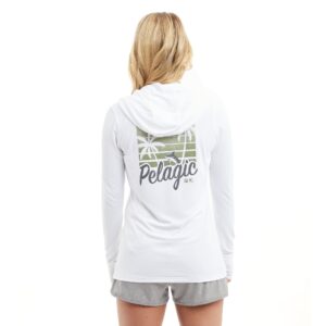 pelagic women's aquatek island time hooded fishing shirt, long sleeve, upf 50+ protection, ultra soft feel water and stain repellent,