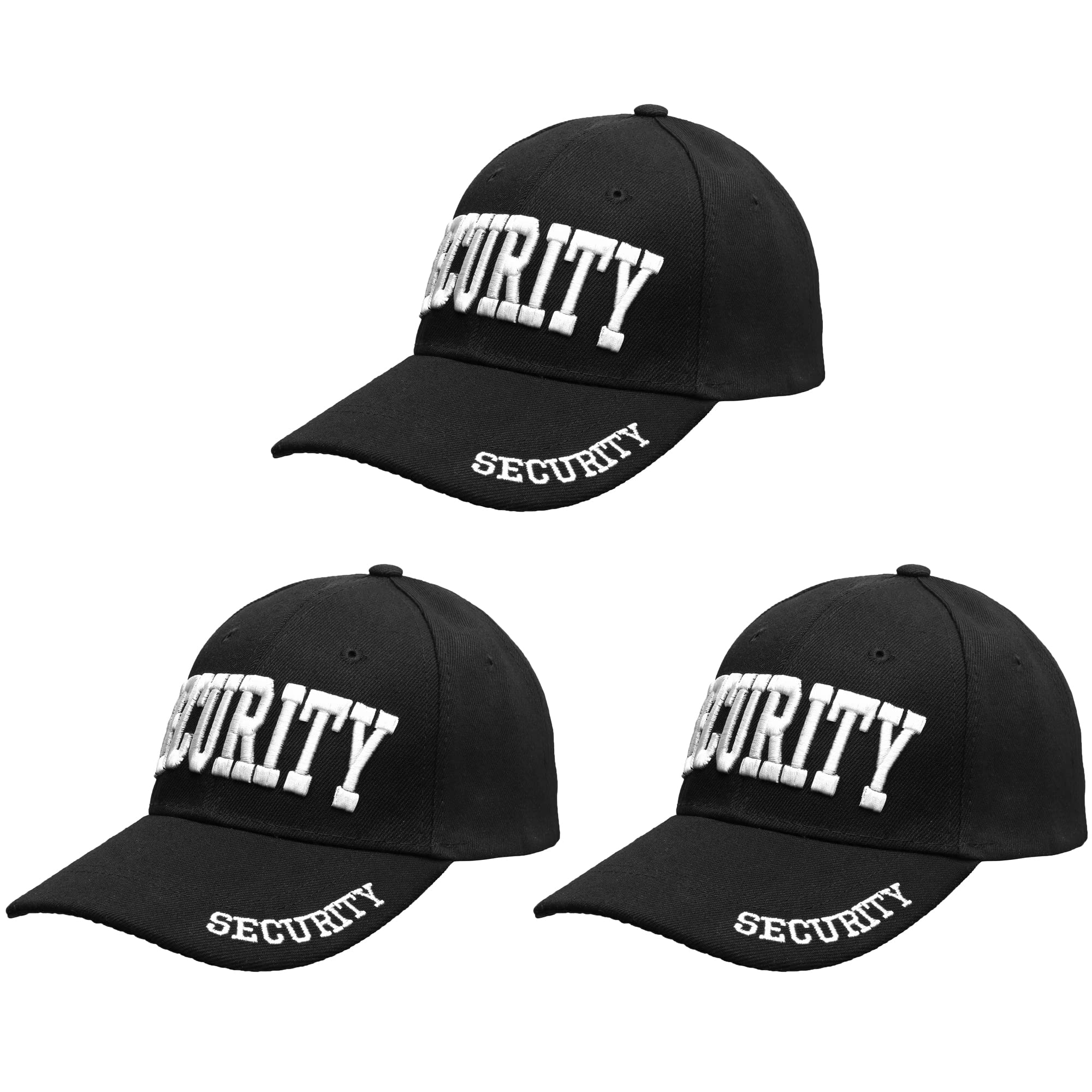 Security Hat Baseball Cap - Gold or White Embroidery Security Front, Bill & Back - Adjustable Size - White (3pk)