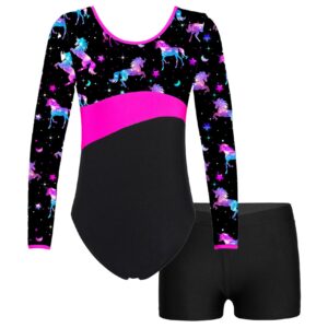 yihuimin kids girls tie dye 2 pcs athletic biketard long sleeve gymnastics leotard with shorts night pegasus 6 years