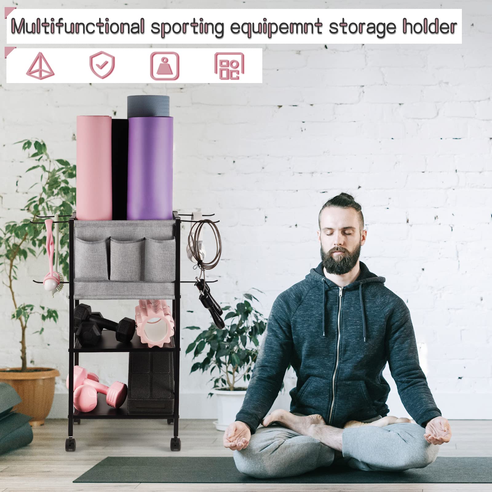 Retyion Yoga Mat Storage Rack, Home Gym Storage Rack Yoga Mat Storage Holder Home Exercise Equipment with Hooks and Pockets for Yoga Mat, Foam Roller, Dumbbell, Kettlebell, with Mobile Wheels