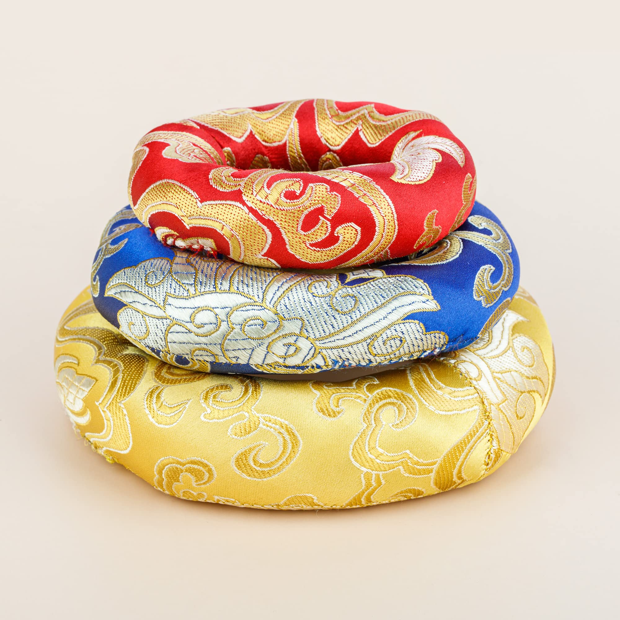 ZenBless Silk Embroidery Tibetan Singing Bowl Cushion 3pcs, Singing Bowl Holder, with Singing Bowl Small Mallet Set Gifts for Buddhist Sound Bowl Yoga Hand Made Nepal Meditation Accessories