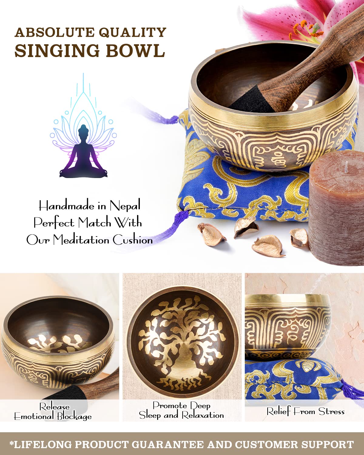 Hihealer Tibetan Singing Bowls, Meditation Sound Bowls Handcrafted in Nepal for Yoga, Chakra Healing, Mindfulness Self Care Spiritual Gifts for Women and Men (4" tree-of-life)