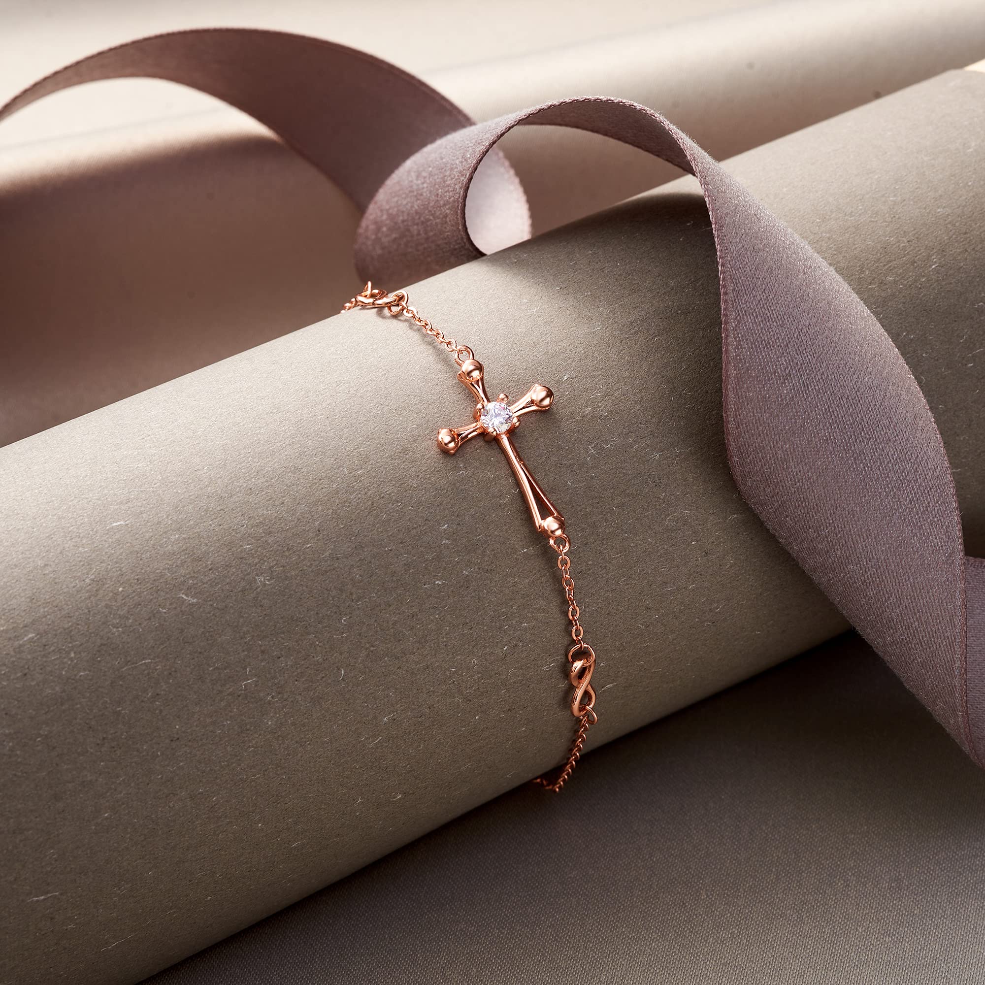 EVER FAITH CZ 925 Silver Infinity Charm Cross Bracelet, Rose Gold Cross Adjustable Link Dainty Religious Jewelry Gift for Women