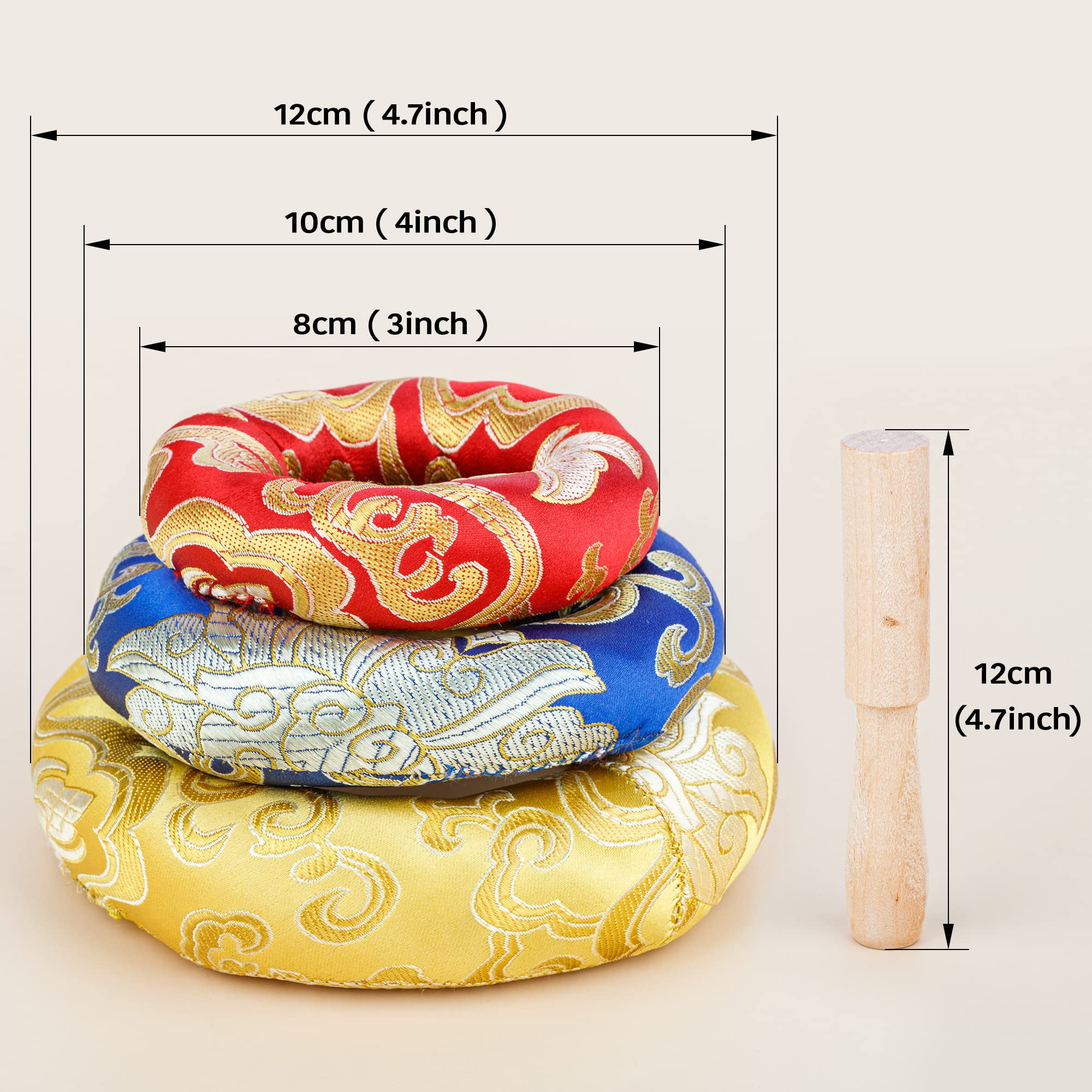 ZenBless Silk Embroidery Tibetan Singing Bowl Cushion 3pcs, Singing Bowl Holder, with Singing Bowl Small Mallet Set Gifts for Buddhist Sound Bowl Yoga Hand Made Nepal Meditation Accessories