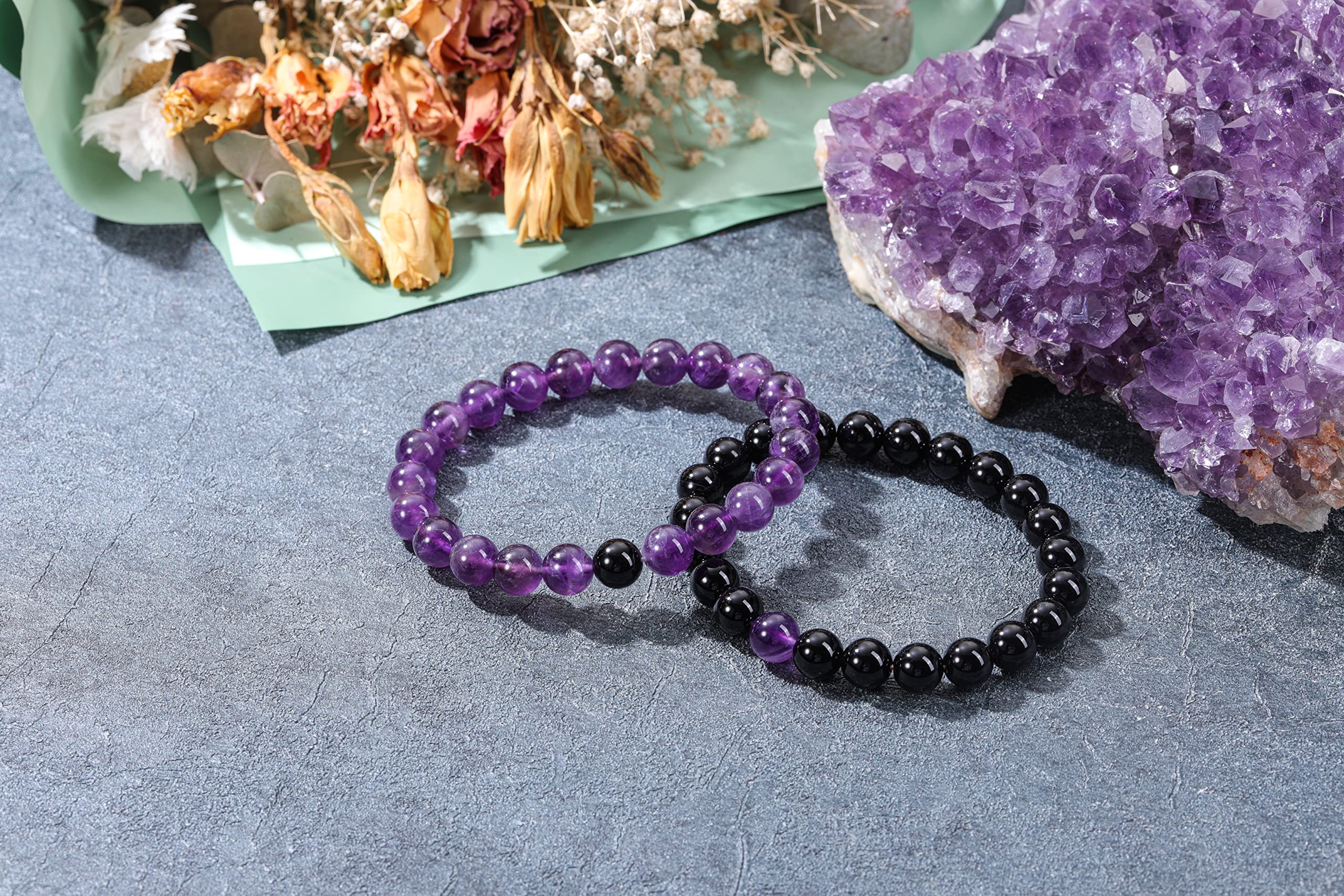 Jovivi 2pcs 8mm Black Obsidian & Amethyst Healing Crystal Stone Stretch Bracelets Handmade Natural Round Gemstone Beaded Energy Beads Chakra Bracelet for Women Men Couples Distance Gifts