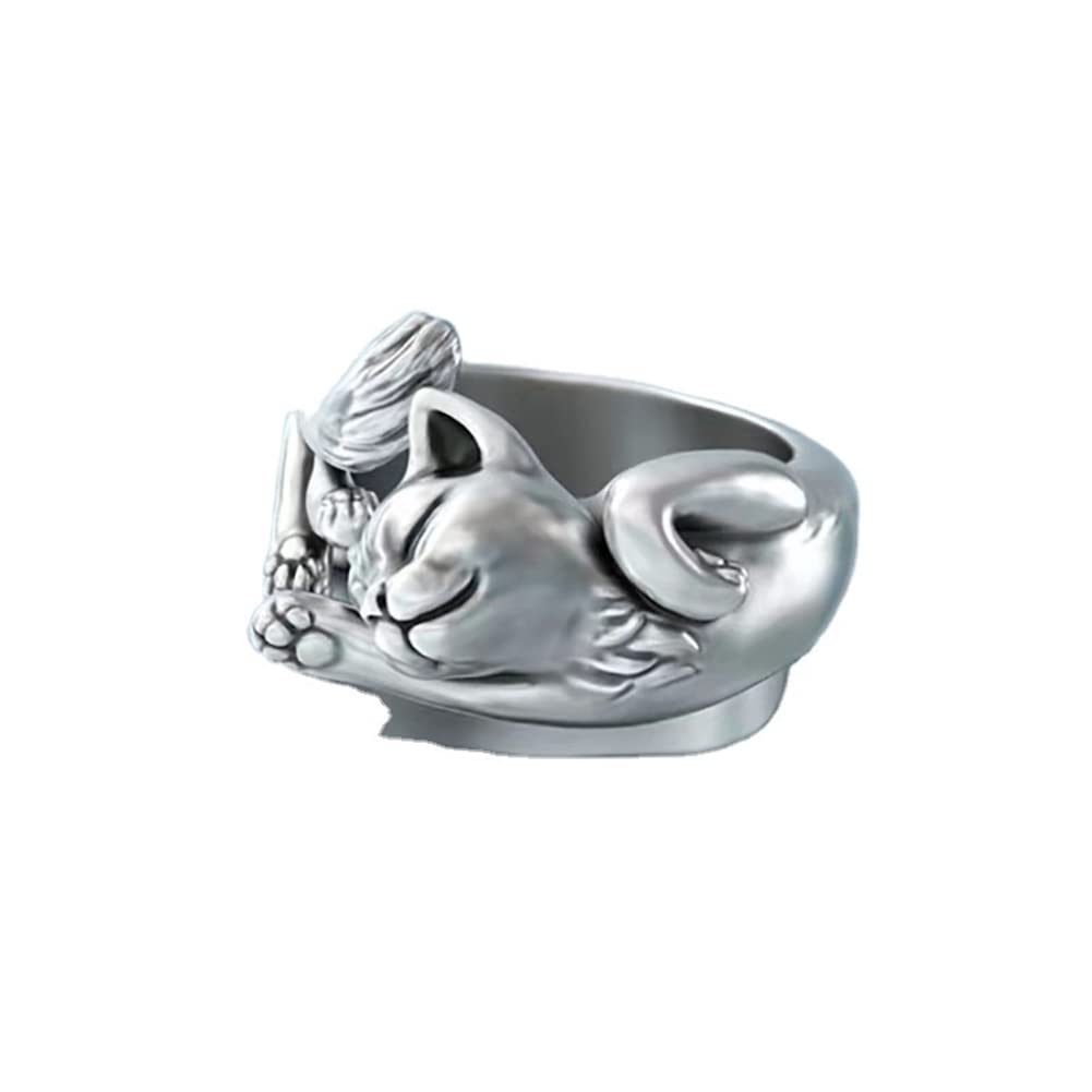 Open Lazy Cat Ring for Women Men, Fashion Adjustable Cute Cat Animal Statement Ring, Personalized Vintage Animal Ring Lazy Cat Jewelry Valentine's Day Mothers Day Gifts for Women Mother Wife