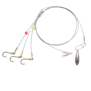 fishing hook rigs with sinker 49 strands steel leaders-saltwater surf fishing tackle kit heavy duty hooks,7 * 7 strands steel wire with nylon-coating (8#, 3 hooks rig with sinker)