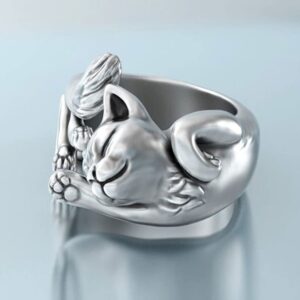 Open Lazy Cat Ring for Women Men, Fashion Adjustable Cute Cat Animal Statement Ring, Personalized Vintage Animal Ring Lazy Cat Jewelry Valentine's Day Mothers Day Gifts for Women Mother Wife