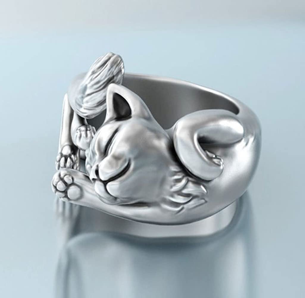 Open Lazy Cat Ring for Women Men, Fashion Adjustable Cute Cat Animal Statement Ring, Personalized Vintage Animal Ring Lazy Cat Jewelry Valentine's Day Mothers Day Gifts for Women Mother Wife