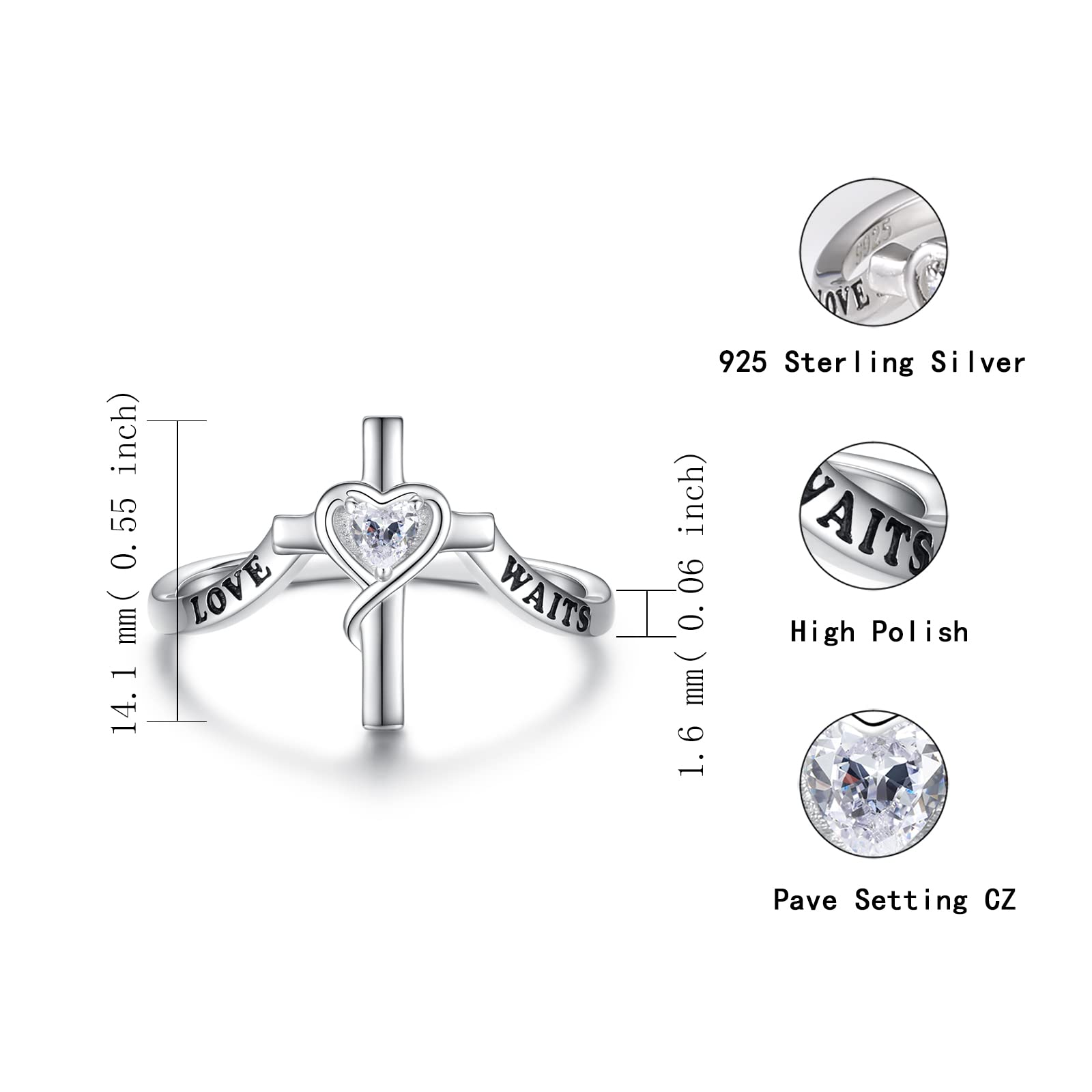 925 Sterling Silver True Love Waits Ring Purity Cross Rings Jewelry Gifts for Daughter Women Lady girlfriend (7-)