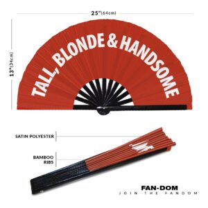 Tall, Blonde & Handsome Hand Fan Foldable Bamboo Circuit Hand Fan Funny Gag Slang Words Expressions Statement Gifts Festival Accessories Rave Handheld Circuit Event Fan Clack Fans (Red)